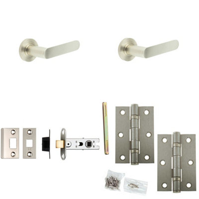 Door Handle & Latch Set Satin Nickel Flat Lever Round Reeded On Rose