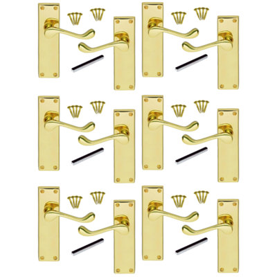 Door Handle Modern Victorian Scroll Handles 150mm Latch - Brass 6 Pairs
