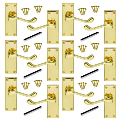 Door Handle Modern Victorian Scroll Handles Latch - Brass 6 Pairs
