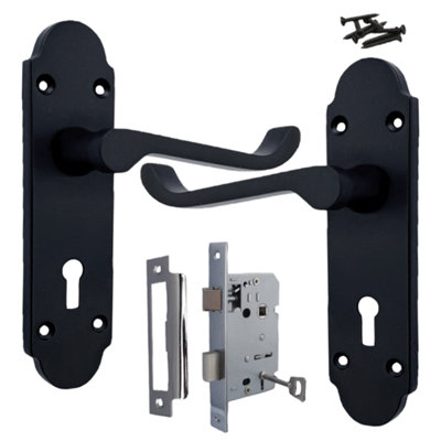 Door Handles Matt Black Victorian Lock Scroll on Shaped Back Plate ...