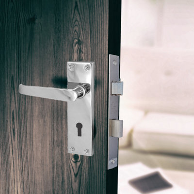 Door Handles Straight Lever Lock Keys Hinge Set - Chrome 150 x 40mm
