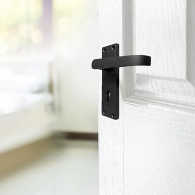 Door Handles Straight Lever Lock Keys Hinge Set - Matt Black 150 x 40mm