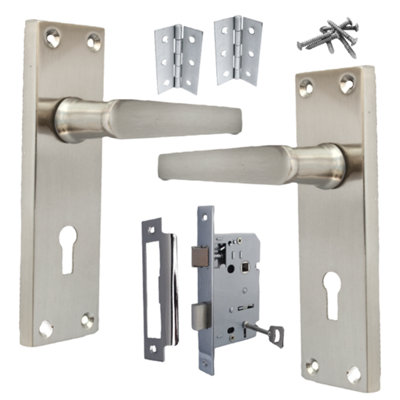 Door Handles Straight Lever Lock Keys Hinge Set - Satin 150 x 40mm ...