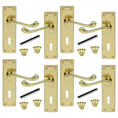 Door Handles Victorian Scroll Lever Key Lock - Brass 4 Pairs