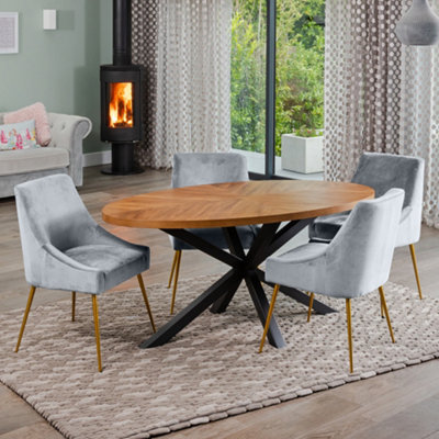 Dosenna Oval Dining Table Set with 4 Lograto Velvet Chairs - Silver