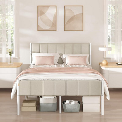 Double Bed Frame, 135 x 190 cm, with Upholstered Headboard, Metal Bed ...