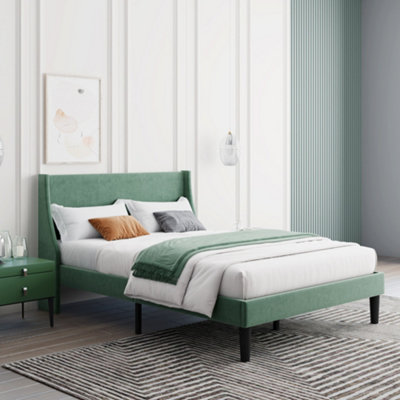 Double Bed Velvet Moss Green 4FT6 Upholstered Bed with Winged Headboard Wood Slat Support