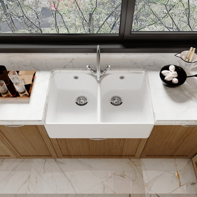 Double Bowl Fireclay Belfast Sink with Tap Hole Full Wier with Basket Strainer Waste