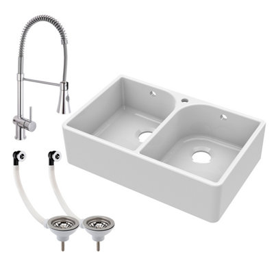 Double Bowl Fireclay Belfast Sink with Tap Hole & Full Wier, with ...