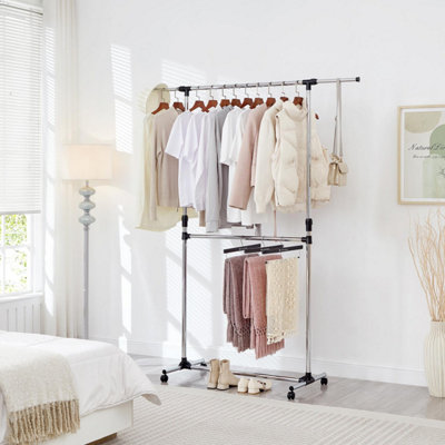 DOUBLE CLOTHES RAIL, EXTENDED TOP RAIL ADJUSTABLE HEIGHT, CHROME