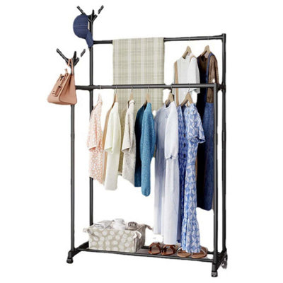 Double Clothes Rail Garment Rack Clothes Stand with Wheels - Black ...