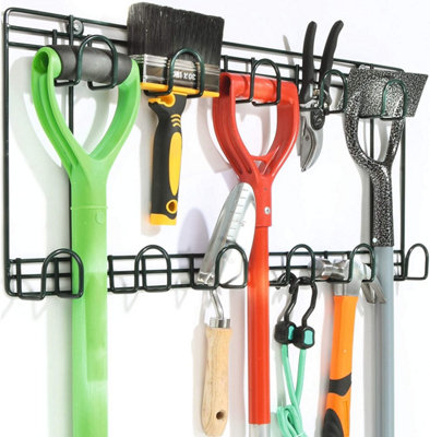 Double Garden Tool Rack - Wall Mounted Tool Holder with 11 Hooks for ...
