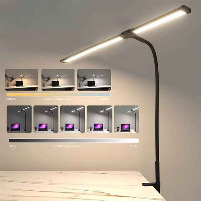 Double-Head LED Clip Desk Lamp with 3 Color Modes & 10 Dimmable Settings