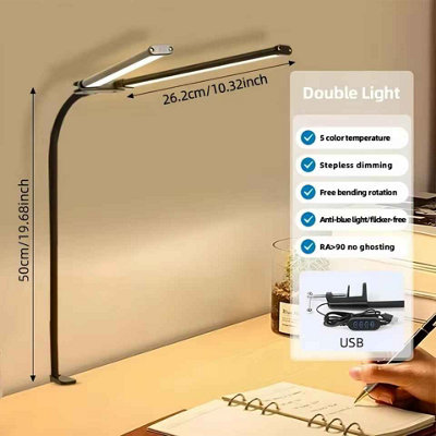 Double-Head LED Clip Desk Lamp with 3 Color Modes & 10 Dimmable Settings