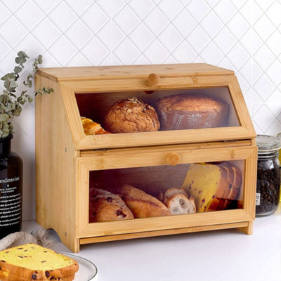 Double Layer Bamboo Wooden Bread Box Storage Container for Kitchen ...