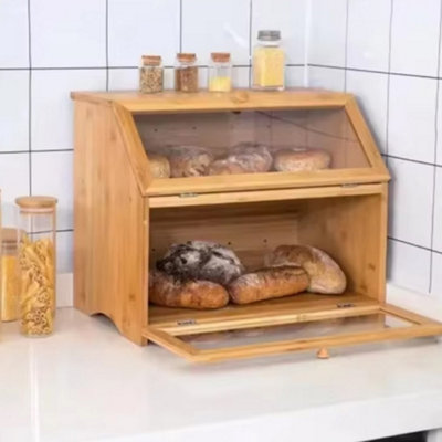 Double Layer Bamboo Wooden Bread Box Storage Container for Kitchen ...