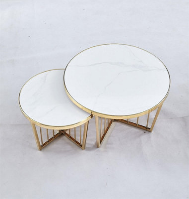 Double Nested White Marble Coffee Table Set with Gold Legs 80cm Heavy ...