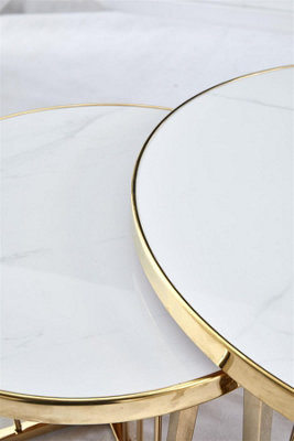 Double Nested White Marble Coffee Table Set with Gold Legs 80cm Heavy ...