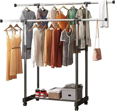 Double Rail Adjustable Clothes Rack Stand on Castor Wheels with Hanging ...