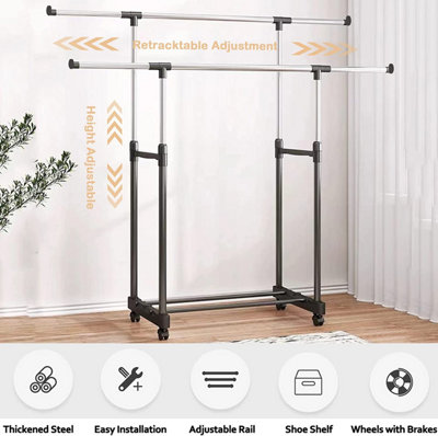 Double Rail Adjustable Clothes Rack Stand on Castor Wheels with Hanging ...