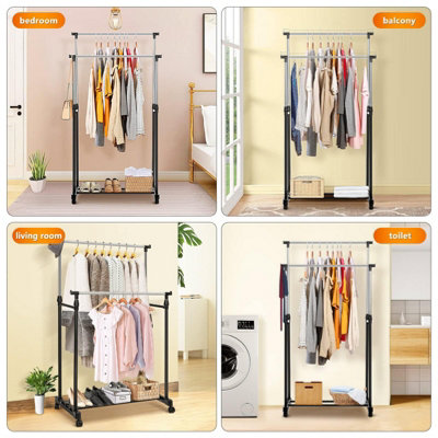 Double Rail Clothes Rail on Wheels, Black