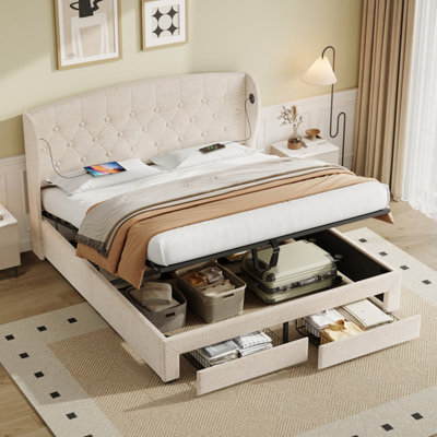 Double Upholstered Storage Bed with Hydraulic Lift & Drawers - Wingback ...