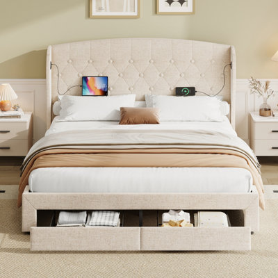 Double Upholstered Storage Bed with Hydraulic Lift & Drawers - Wingback ...