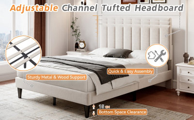 Double Upholstered Velvet Bed Frame with Adjustable Channel Tufted Headboard Solid Wood Slat and Mute Foam