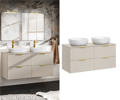 Double Vanity Unit with Basins 1200mm Fluted Beige Bathroom Sink ...