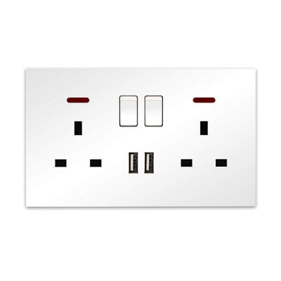 Double Wall Plug Socket 2 Gang 13A w/ 2 Charger USB Ports Outlets Flat ...