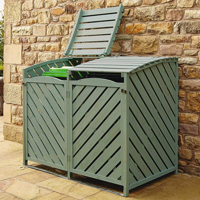 Double Wheelie Bin Storage House Green Dual Outdoor Bin Store Weather Resistant Wooden Hideaway with Hinge