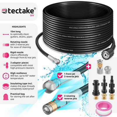 Drain cleaning hose set including 2 nozzles & 3 adapters 15 m - black