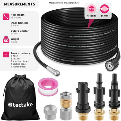 Drain cleaning hose set including 2 nozzles & 3 adapters 15 m - black