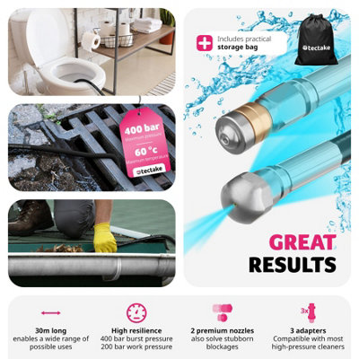Drain cleaning hose set including 2 nozzles & 3 adapters 30 m - black