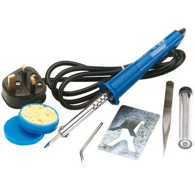 Draper 230V Soldering Kit 25W Iron Tips Tweezers Stand Sponge DIY ...