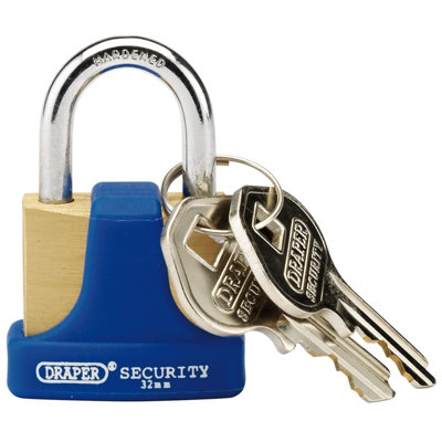 DRAPER 32MM SOLID BRASS PADLOCK AND 2 KEYS WITH HARDENED STEEL SHACKLE ...