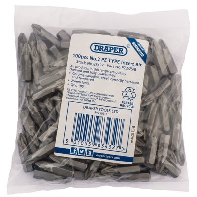 Draper PZ TYPE Insert Bits, 1/4", No.2 (Bag of 100) 83432 | DIY at B&Q