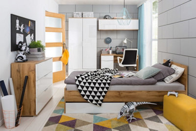 Drawer Storage Unit 95cm Chest of 3 Drawers Scandi White Gloss & Oak ...