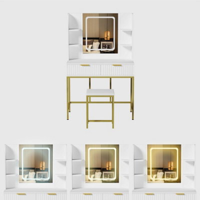 Dressing Table Set with LED Mirror, Side Shelves and Stool - White and ...