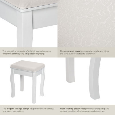 Dressing Table Stool - padded, with solid wood legs, rose pattern ...