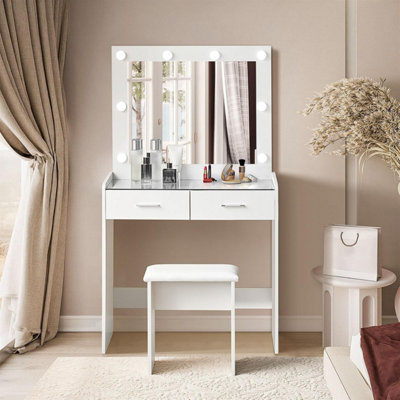 Dressing Table with Hollywood 3-Color LED Lights Mirror and Galss Top