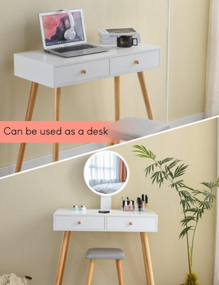 Dressing Table with Led Lights Mirror Vanity Desk with 2 Drawers and Cushioned Stool 80cm Wide