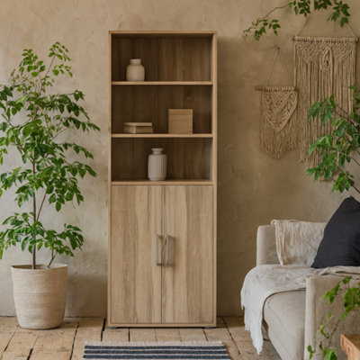 Dris Natural Oak Effect Tall Bookcase 4 Shelves 2 Doors