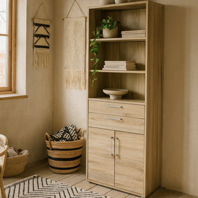 Dris Tall Natural Oak Effect Bookcase 3 Shelves 4 Drawers