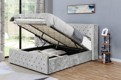 Drogo Silver Crushed Velvet Wingback Ottoman Storage Bed Double 4FT 6 With Diamante Buttons Colour