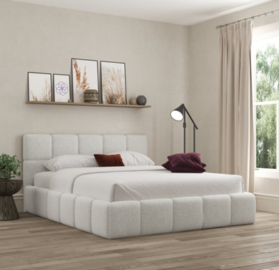 DS Living Ovella Cubed Upholstered Boucle Dove Bed with Ottoman Gas Lift