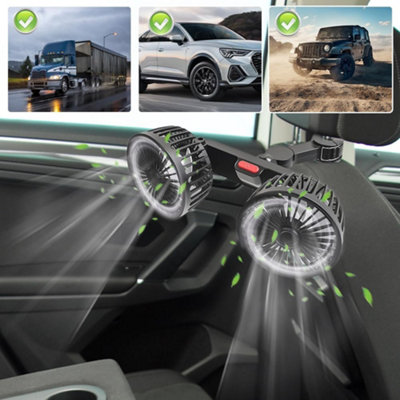 Dual-Head Car Fan for Back Seat USB Quiet Car Cooling Fan with 3 Speeds ...