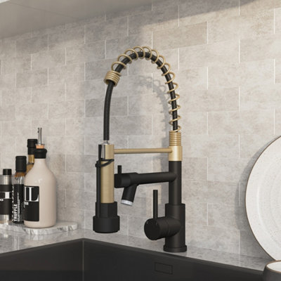 Dual Spout Swivel Kitchen Faucet Mixer Taps with LED Light, Gold and Black
