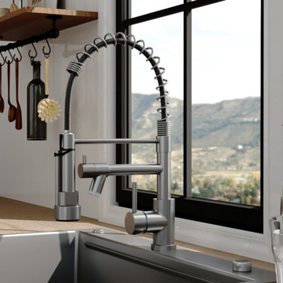 Dual Spout Swivel Kitchen Faucet Mixer Taps with LED Light, Gunmetal Grey