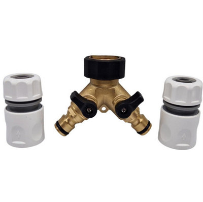Dual Tap Brass Connector Set with 2 hose end connectors 3/4" Hazelock ...